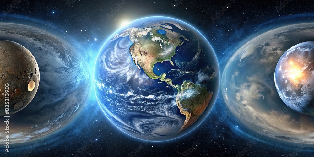 360 degree space background with Planet Earth and Moon in high ...