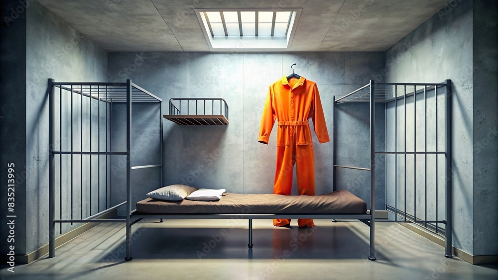 Empty prison cell with a single orange prisoner suit hanging on a metal ...