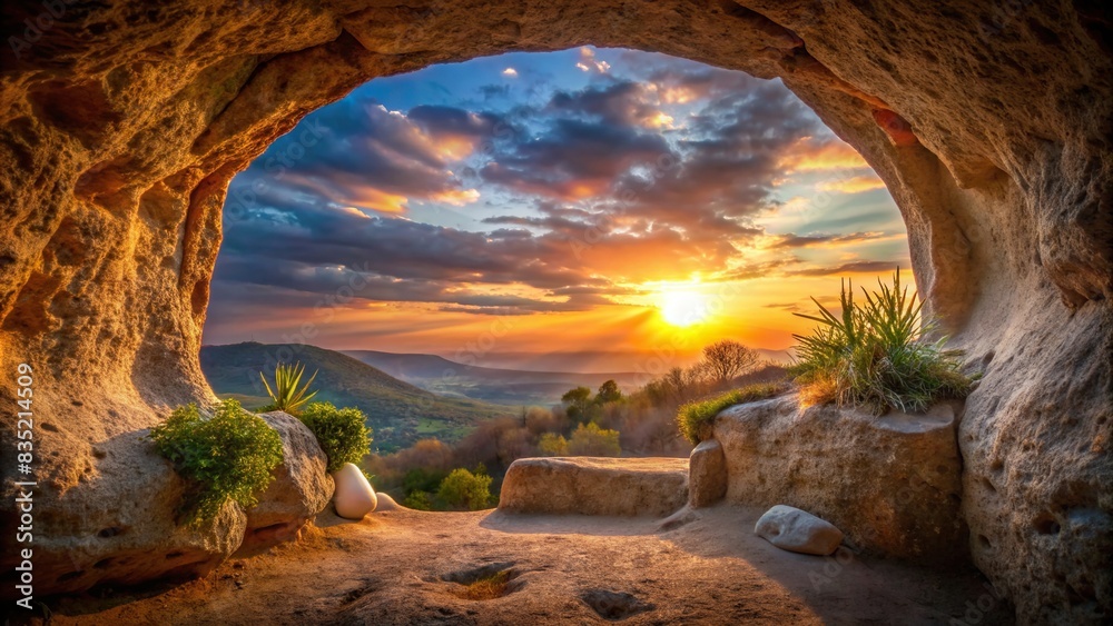 Peaceful and hopeful image of empty tomb at sunrise , Easter, Bible ...