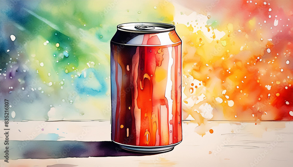 Plain soda can with shiny texture seen from a unique angle, watercolor ...