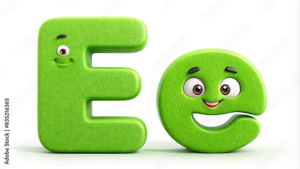 Cute green uppercase and lowercase letter E cartoon character isolated ...