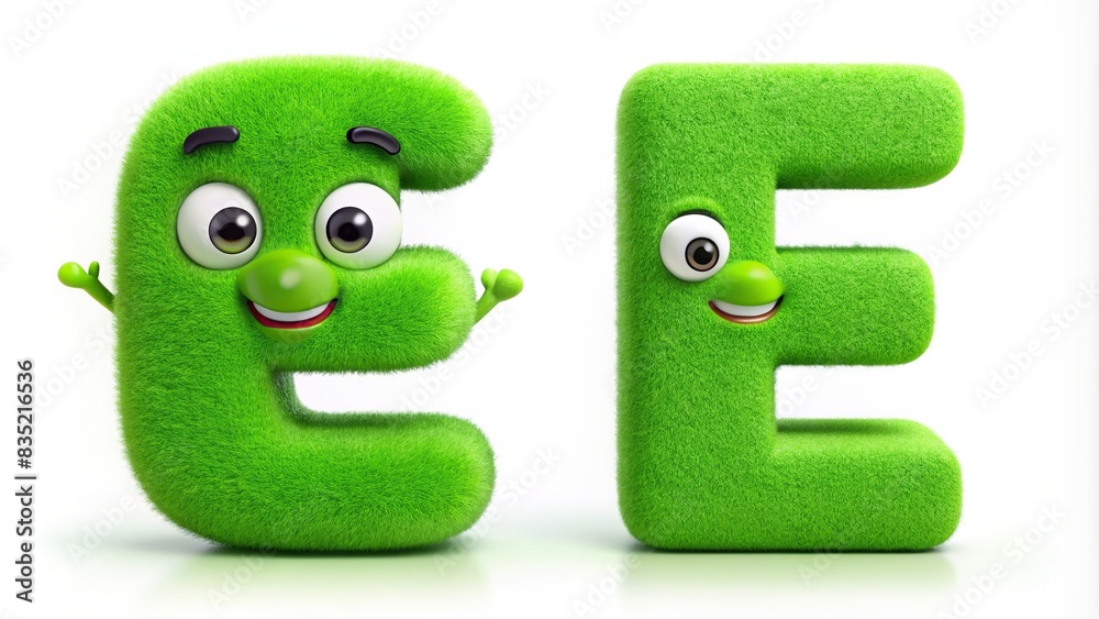 Cute green uppercase and lowercase letter E cartoon character isolated ...