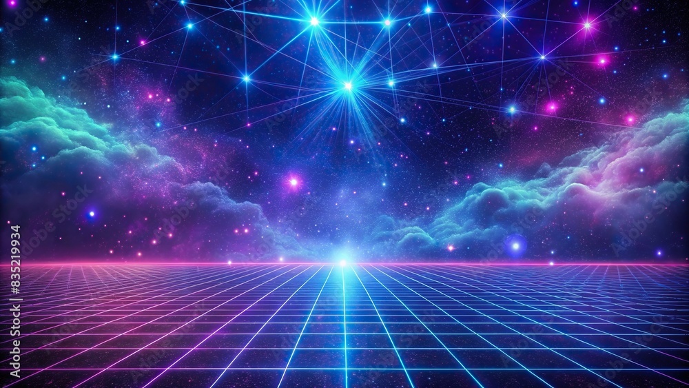 Synthwave vaporwave retrowave cyber background with laser grid, starry ...