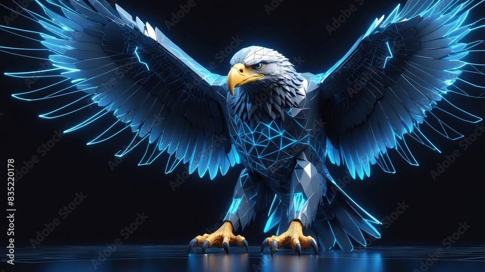 High-tech digital eagle rendered in a polygonal wireframe style, with ...
