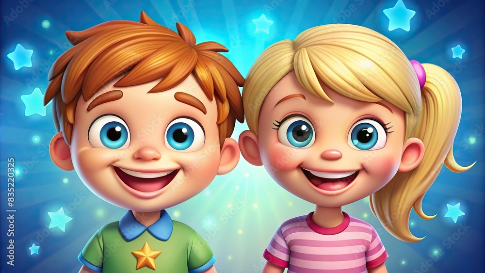 cartoon boy and girl characters with big smiles, on a background, happy ...