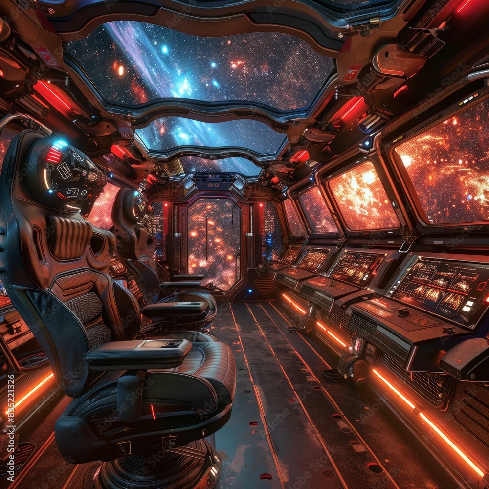 Futuristic spaceship interior with advanced controls, vibrant lights ...