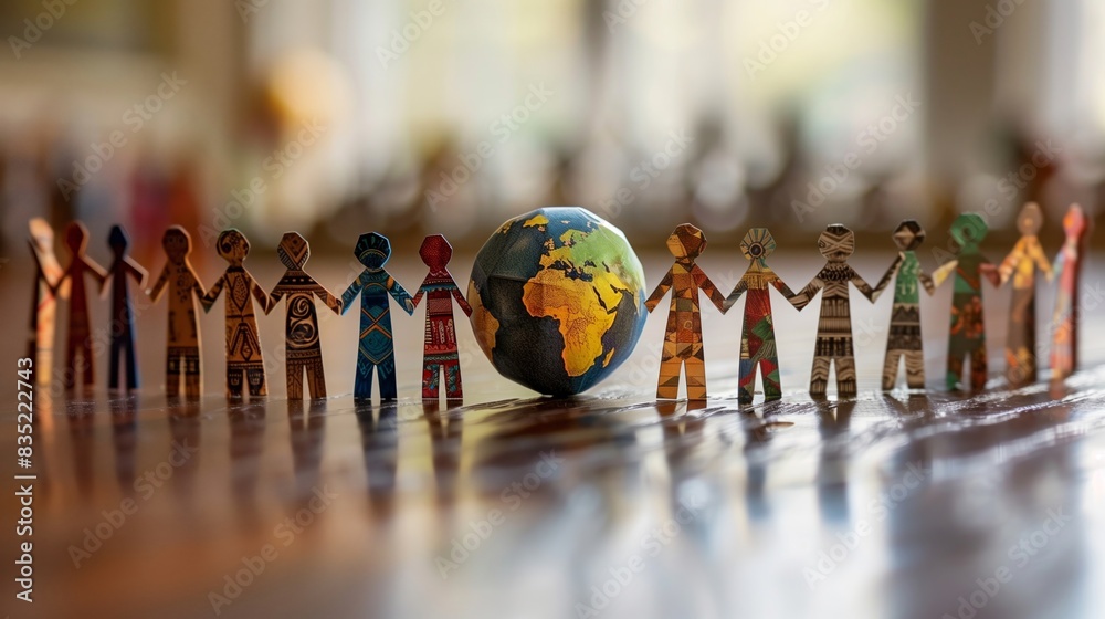 Paper Doll Chain Holding Hands Around Globe Symbolizing Global Unity ...