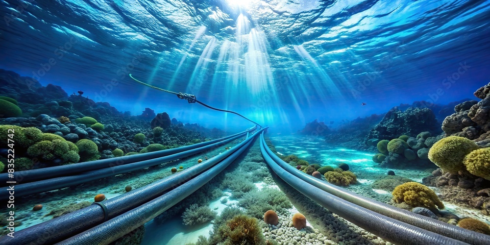 A scenic underwater view of submarine cable routes , technology ...