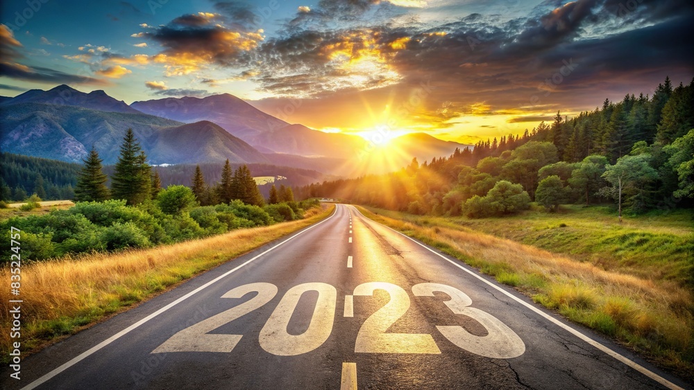 Concept of the year 2023 written on the road with a sunset mountain ...