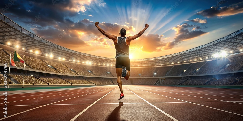 Athlete's legs crossing Olympic stadium finish line with sunlight, vast ...