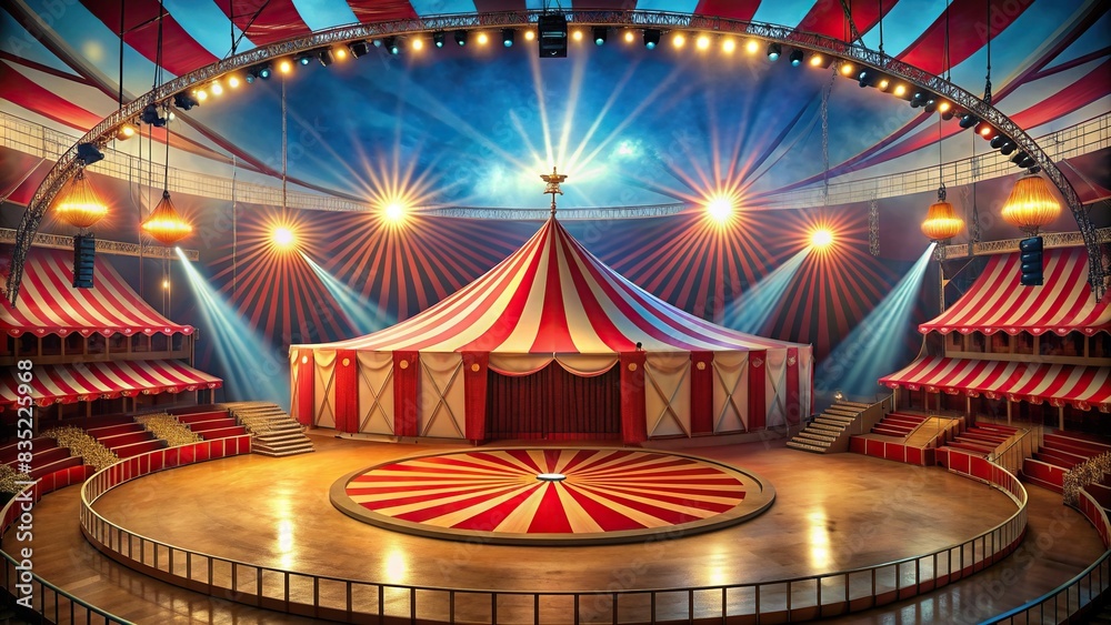 Inside a colorful circus tent arena with a stage and ring, under a red ...
