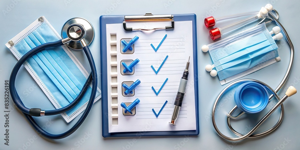 Doctor's checklist with health symbols and medical equipment, doctor ...