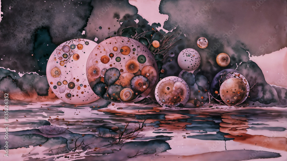 Dark gloomy swamp with round mold spore balls abstract, muted color ...