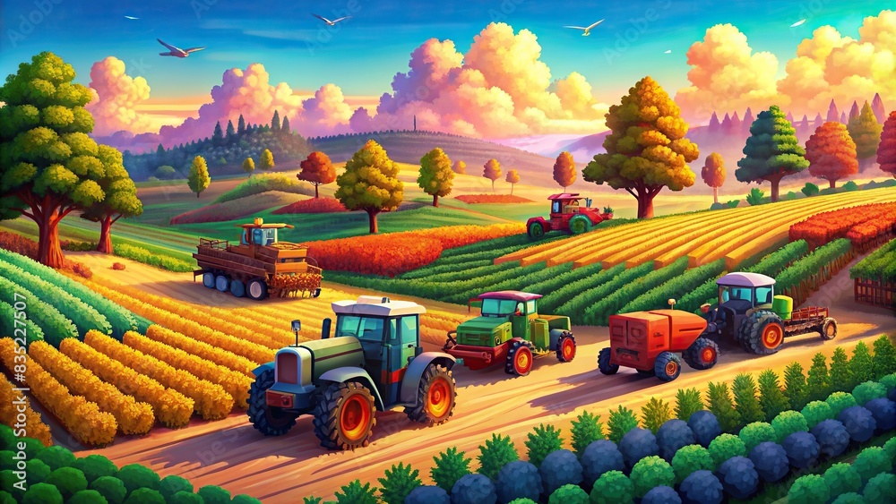 Vibrant and colorful arcade-style farming simulator background with ...