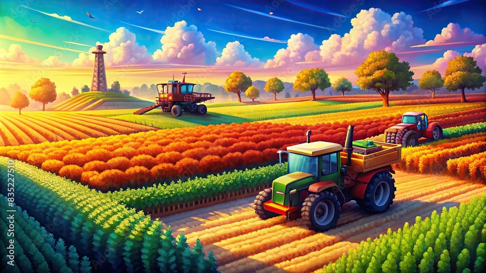 Vibrant and colorful arcade-style farming simulator background with ...