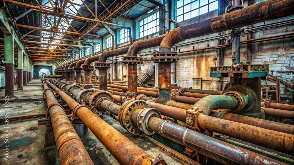 ภาพประกอบสต็อก Rusty water pipes in abandoned industrial setting ...