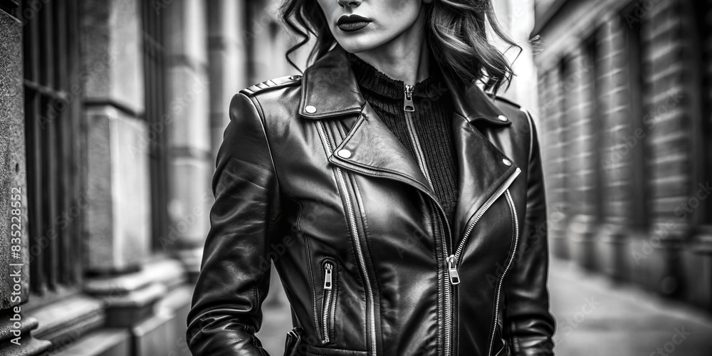 Abstract black and white image of haute couture leather jacket and ...