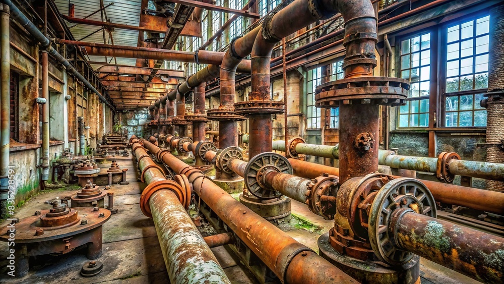 Rusty water pipes in abandoned industrial setting , decay, corroded ...