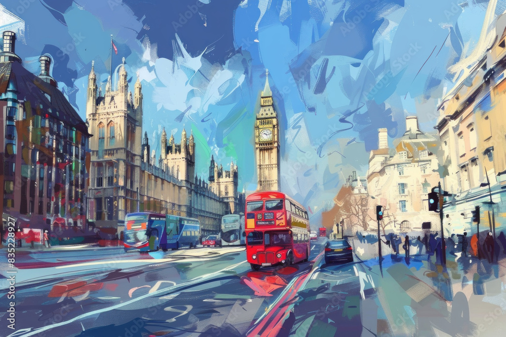Vivid artistic illustration of London, England with Big Ben Tower Stock ...