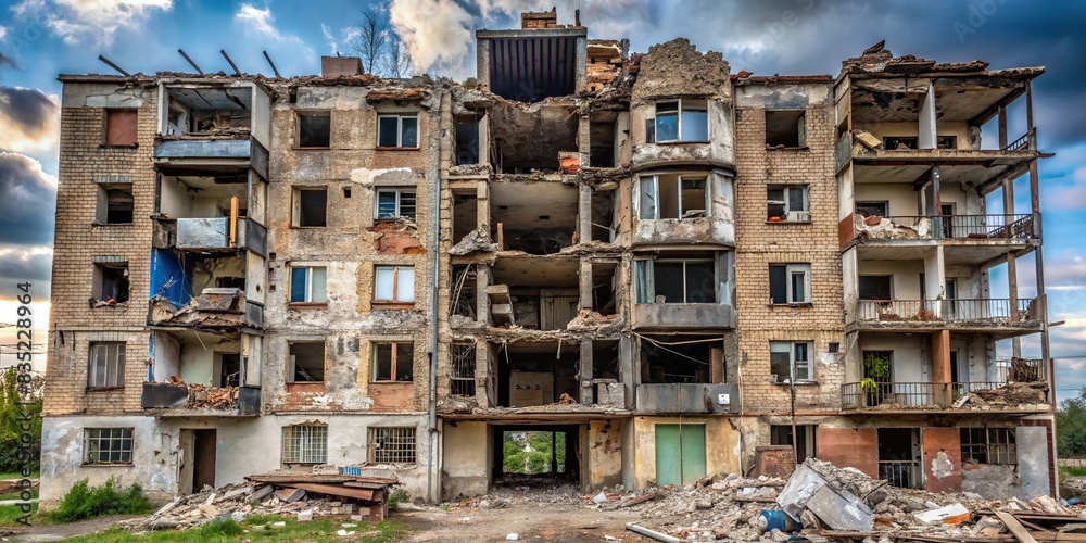 Destroyed apartment building with crumbling walls and broken windows ...