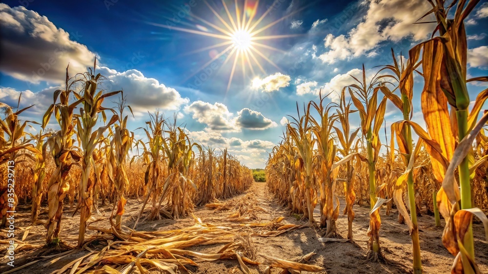 Corn field wilted and dried up under scorching sun , agriculture ...