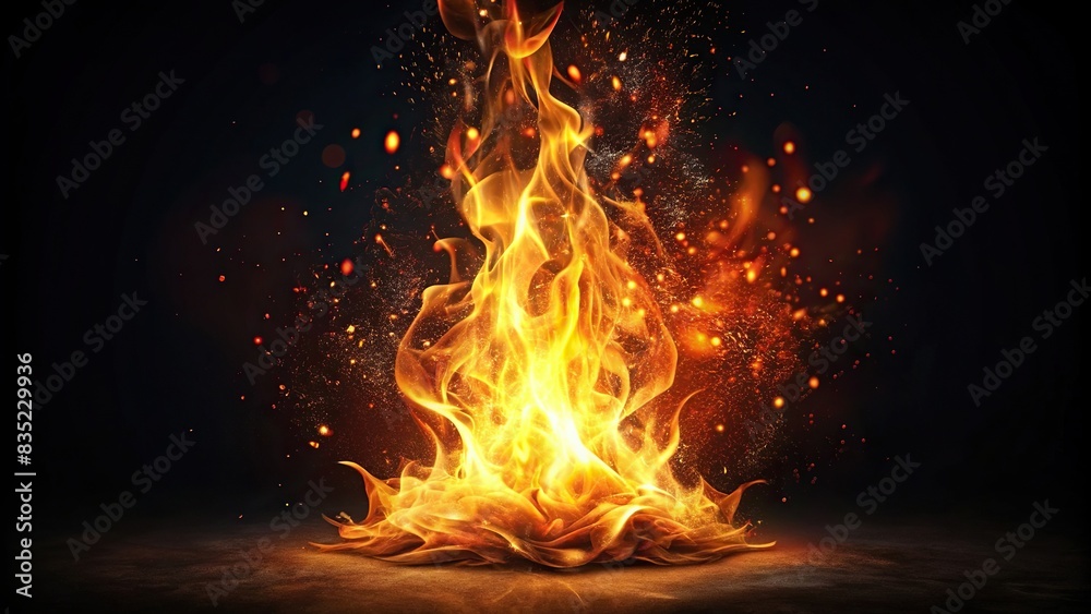 Fiery flame with glowing glow and flickering spark on isolated black ...