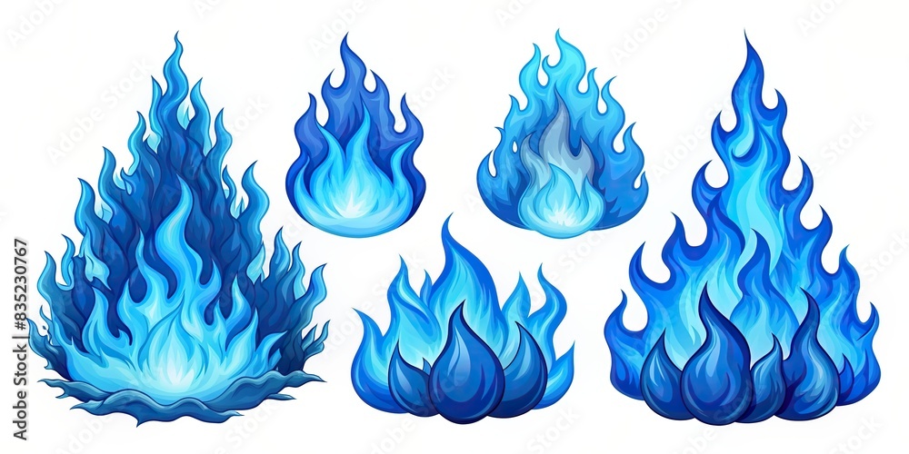 Cartoon set of blue fire element including flames, fireball, wildfire ...