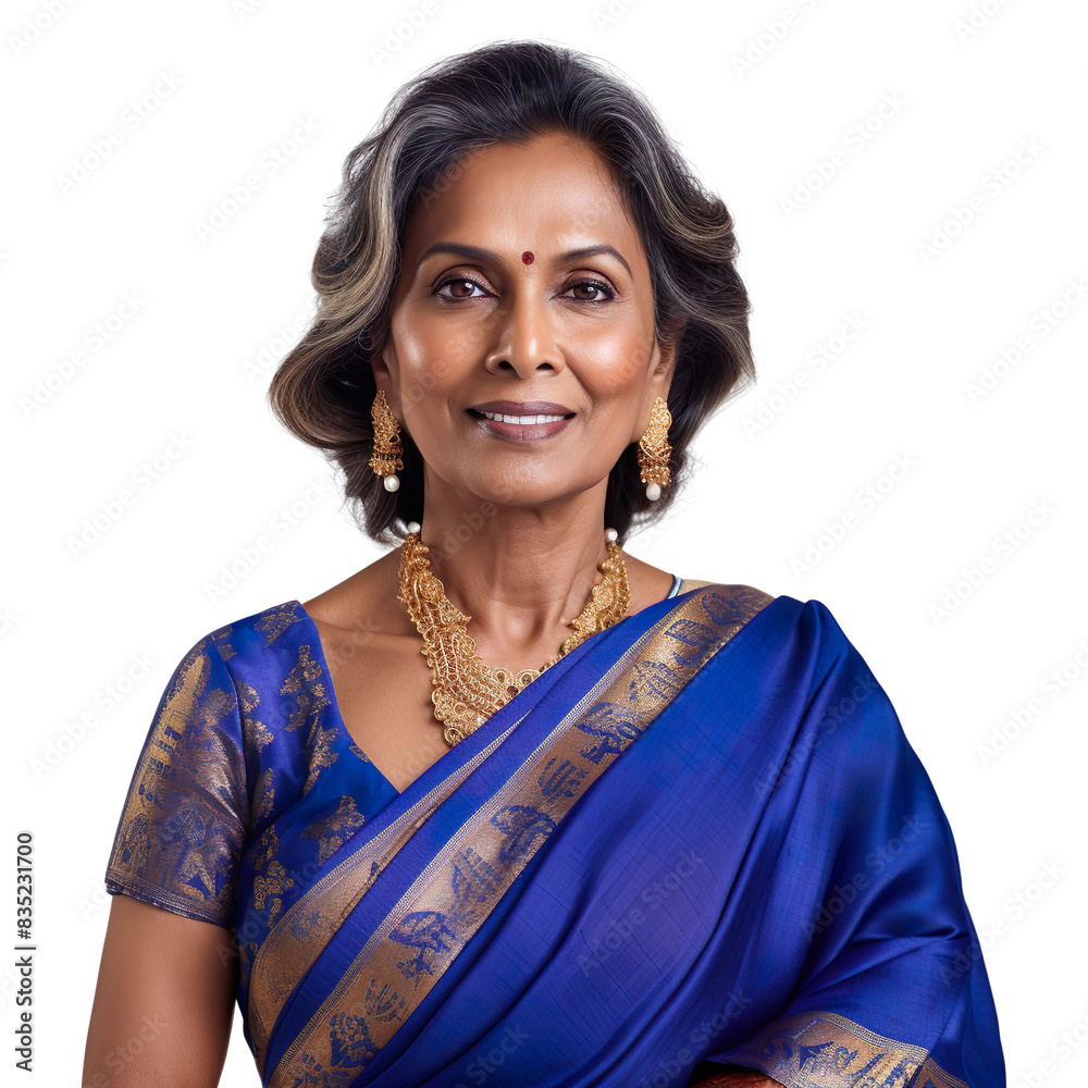 Front view mid shot of a 60-year-old chic Indian woman dressed in a ...