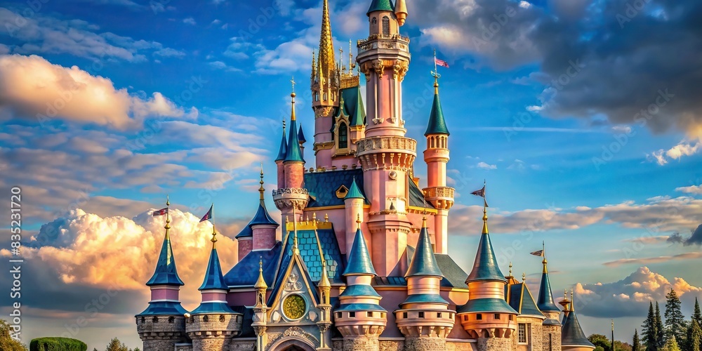 Detailed shot of ornate Cinderella Castle at Disneyland Paris, castle ...