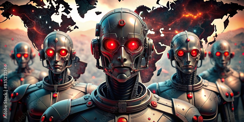 AI apocalypse concept with red-eyed robots on a world map background ...
