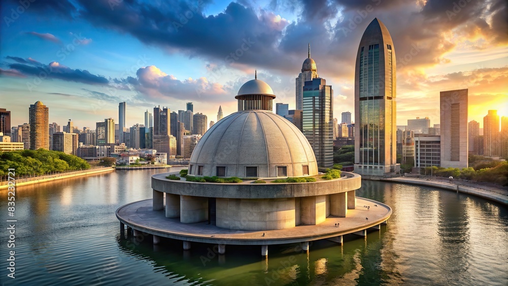 Sky city with floating concrete building and dome , sky, city, floating ...