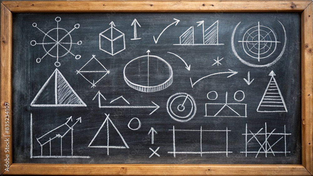 Hand drawn chalk symbols for diagrams on chalkboard , doodle, arrows ...