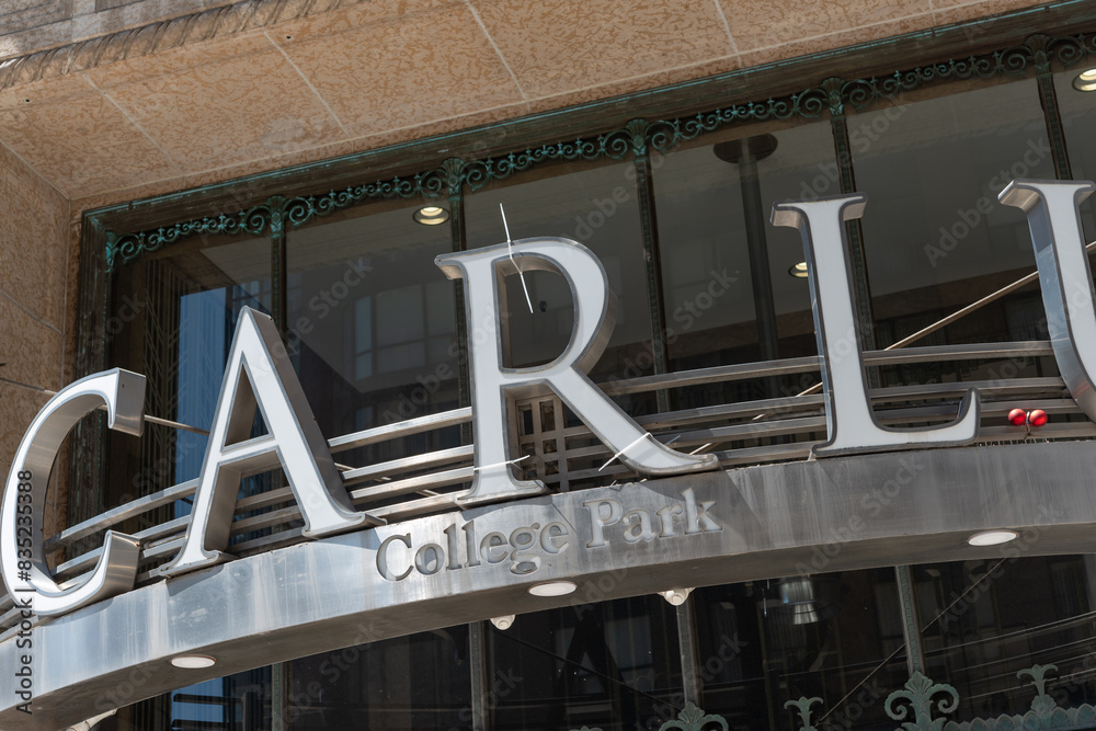 sign over entrance to The Carlu, an event space, at College Park, a ...