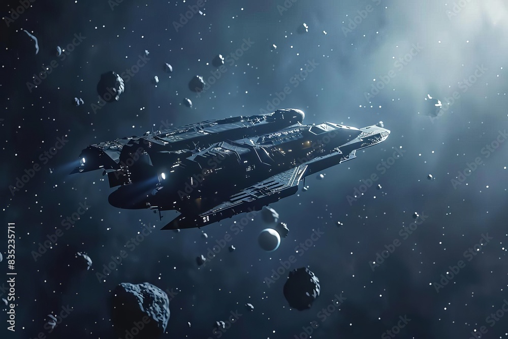 Produce side view of spacecraft in deep space, inspired by pixel ...