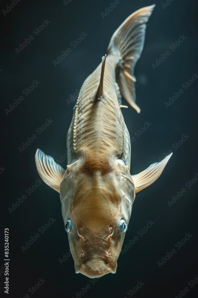 A single fish swimming in the water, with ripples and waves visible ...