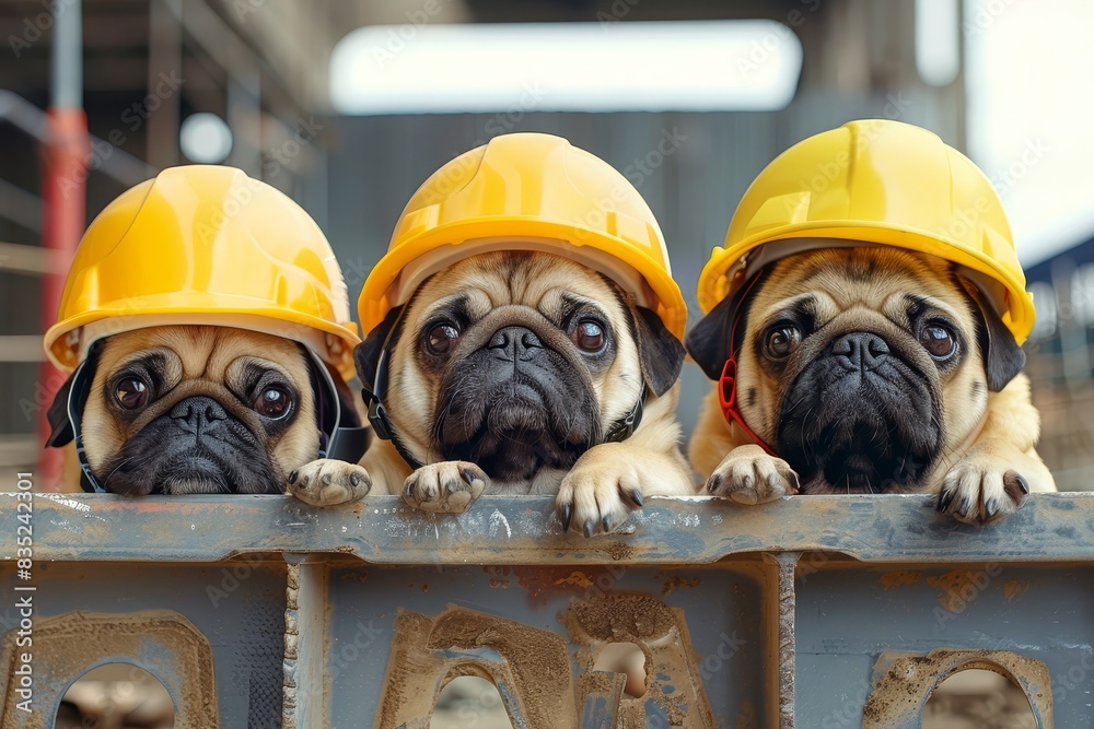 A group of three cute and adorable pugs wearing yellow safety helmets posing together on a ...