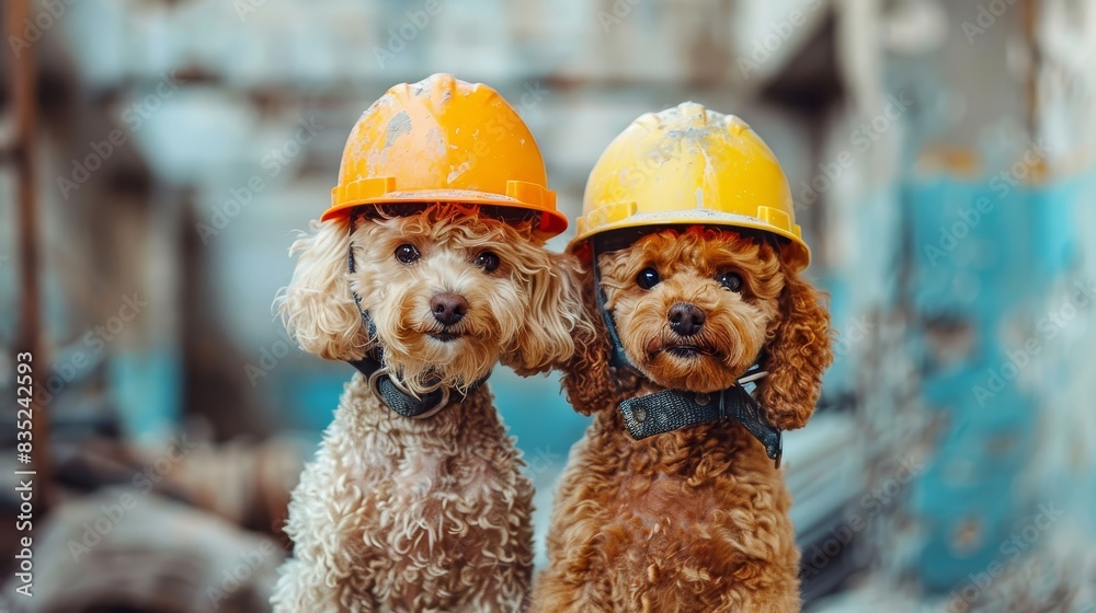Adorable poodle dogs wearing safety hardhats and construction worker ...