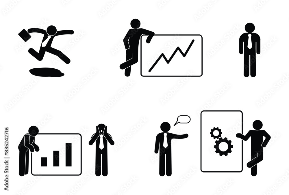 icon set, businessman making a presentation, stick figure, people ...