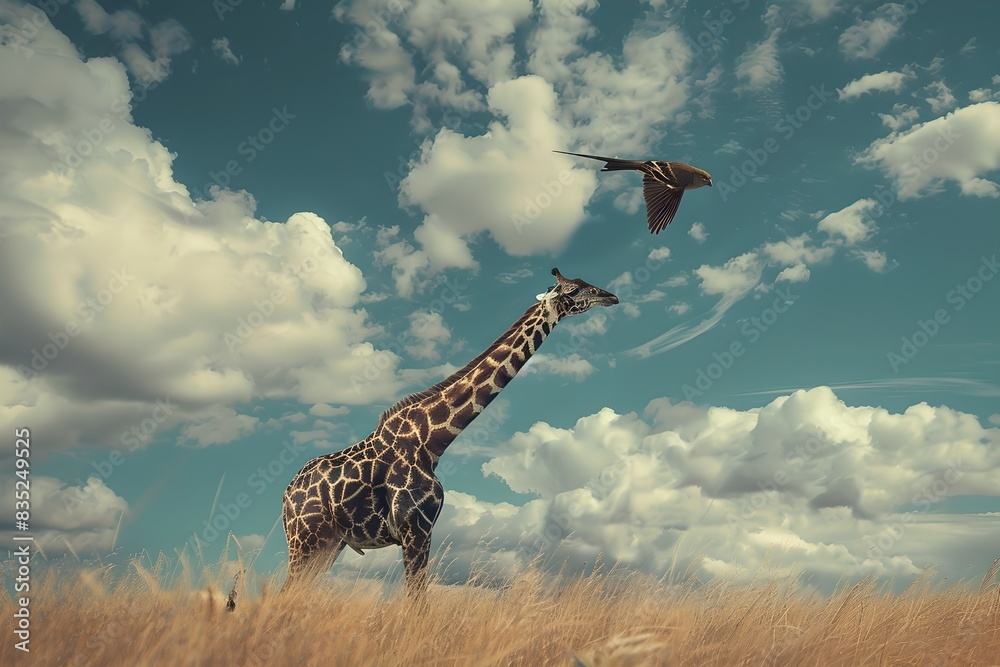 Giraffe and bird in scenic landscape. Digital artwork inspired by ...