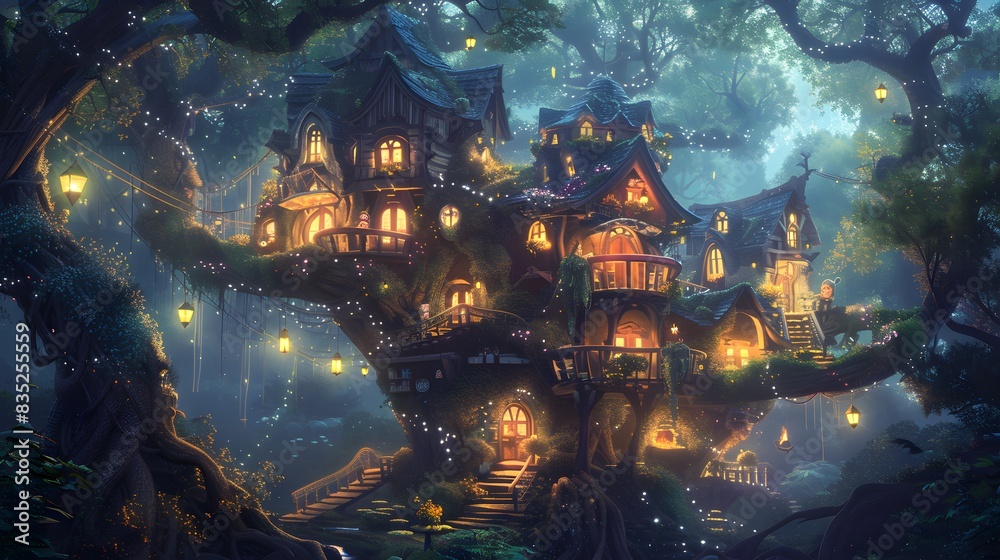 Illustrate a magical village hidden deep within an enchanted forest ...