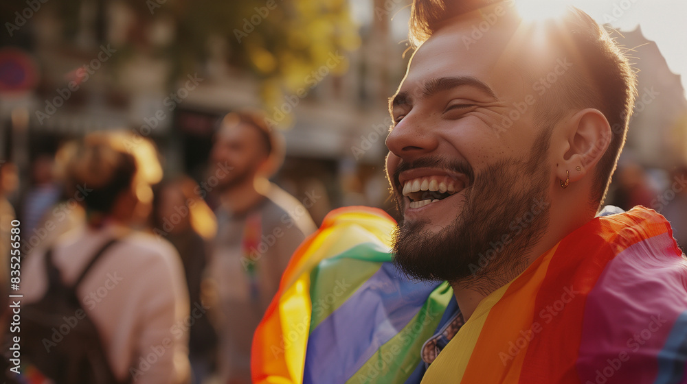 Caucasian european man with rainbow pride flag around neck. Laughing ...