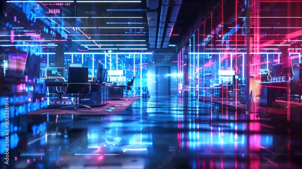 Modern neon cyberpunk open space office interior blurred with ...
