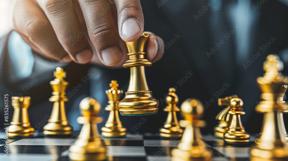 Demonstrating strategic prowess, a businessman's hand moves a gold ...