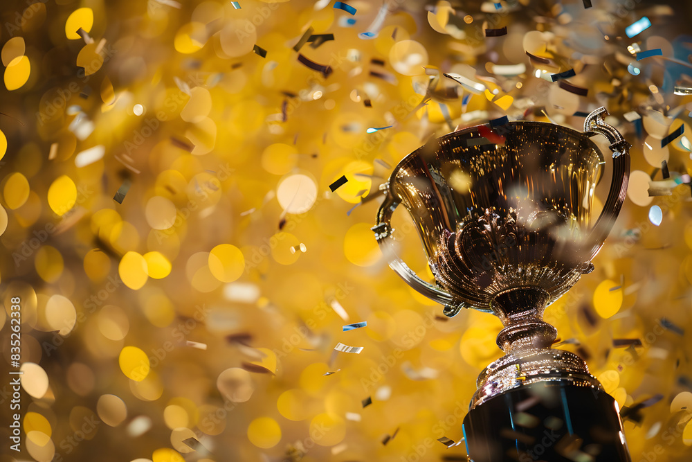 A high-resolution close-up of a trophy being lifted by a victorious ...
