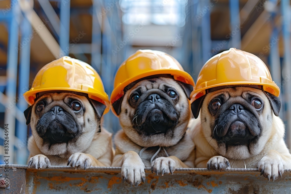 Three adorable pugs wearing bright orange construction helmets peeking over a construction site ...