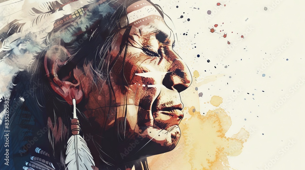 Native american chief portrait. Artistic watercolor portrait of a wise ...