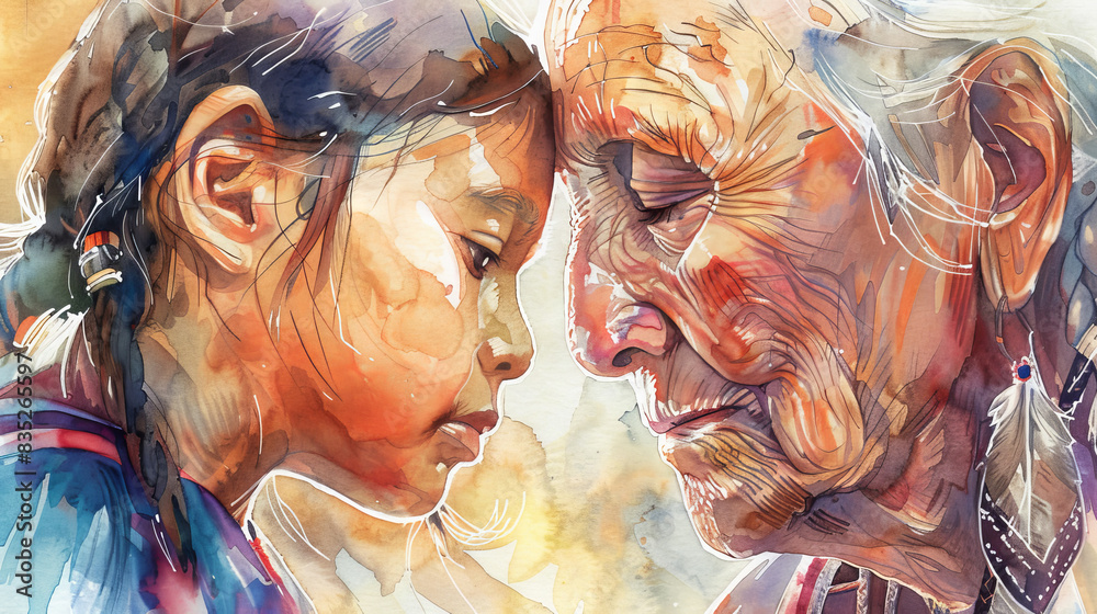Generations of wisdom. Watercolor painting of a young girl and an ...