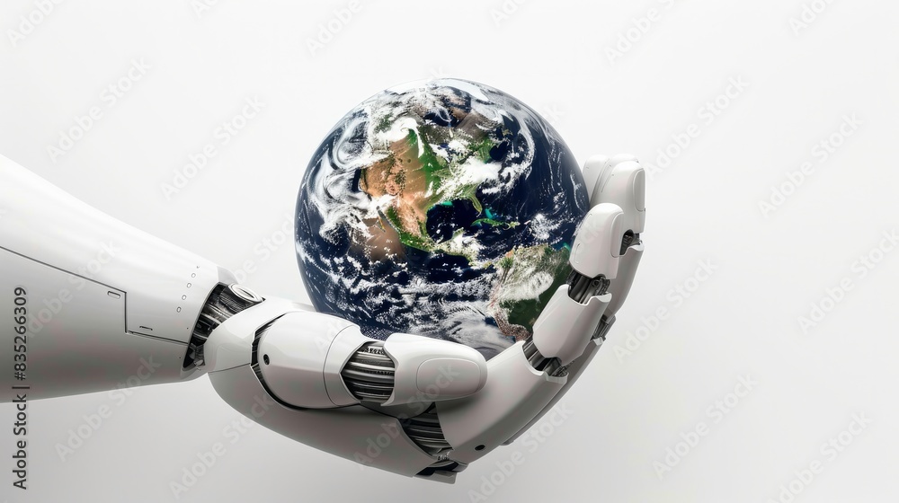 In a 3D rendering, a robot hand cradles planet Earth against a white ...