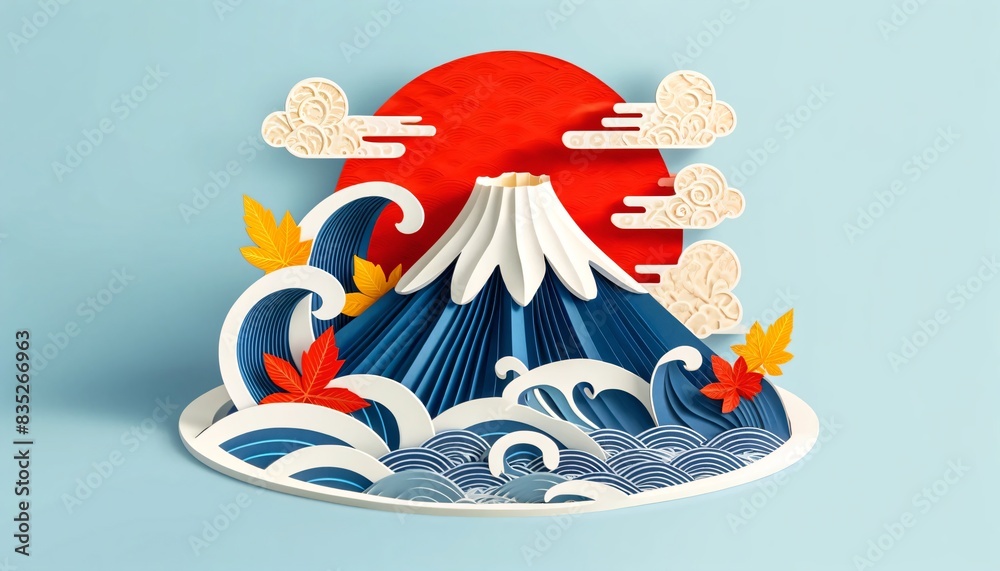 Vibrant Paper Art: Mount Fuji with Red Sun and Momiji Leaves Stock ...