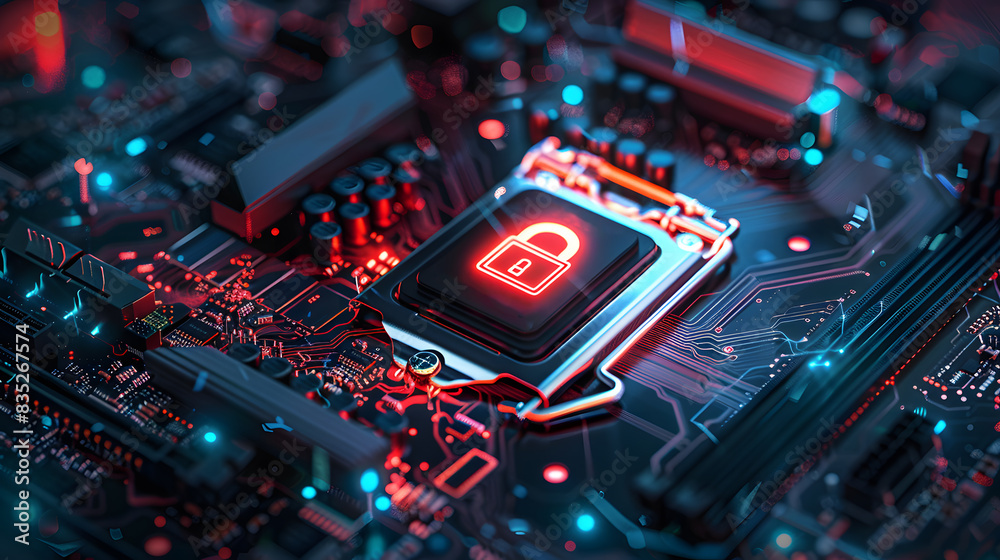 Secure connection or cybersecurity service concept of compute motherboard closeup and safety ...